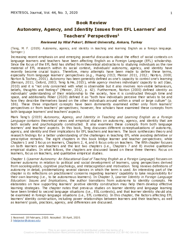 (PDF) Autonomy , Agency , and Identity Issues from EFL Learners ’ and ...