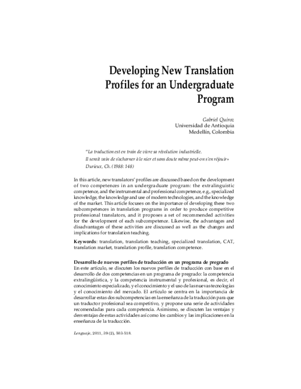 (PDF) Developing New Translation Profiles for an Undergraduate Program