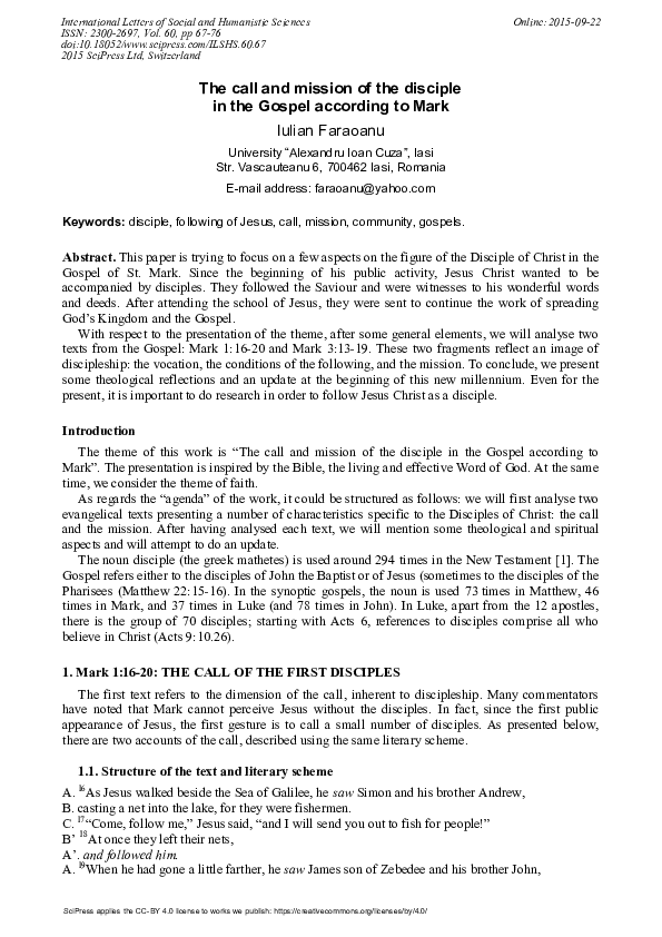 (PDF) The Call and Mission of the Disciple in the Gospel According to Mark