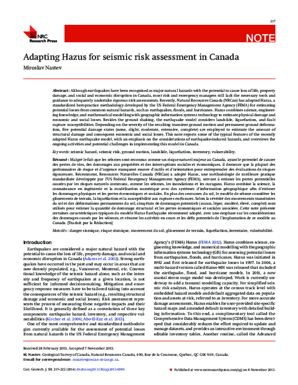 (PDF) Adapting Hazus for seismic risk assessment in Canada