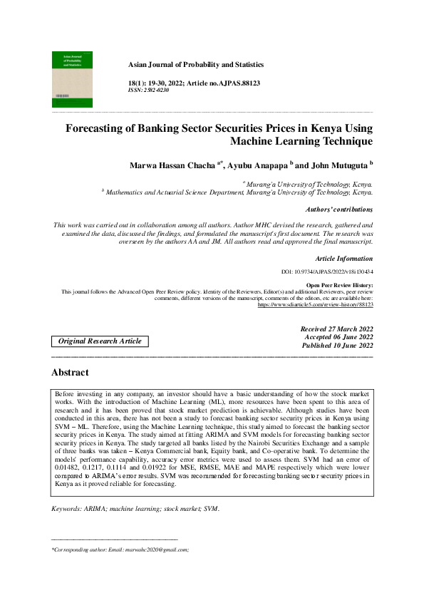 (PDF) Forecasting of Banking Sector Securities Prices in Kenya Using Machine Learning Technique