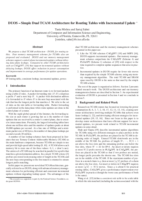 (PDF) DUOS - Simple dual TCAM architecture for routing tables with incremental update