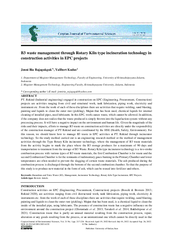 (PDF) B3 waste management through Rotary Kiln type incineration ...