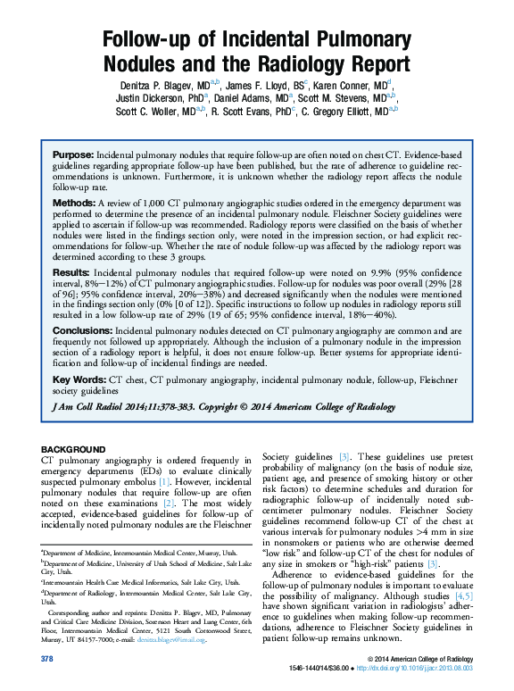 (PDF) Follow-up of Incidental Pulmonary Nodules and the Radiology ...