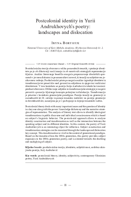 (PDF) Postcolonial identity in Yurii Andrukhovych’s poetry: landscapes ...