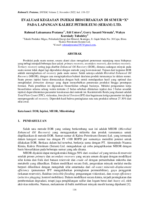 (PDF) Evaluasi Kegiatan Injeksi Biosurfaktan DI Sumur “X” Pada Lapangan Kalrez Petroleum (Seram) LTD