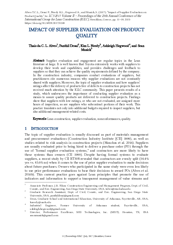 (PDF) Impact of Supplier Evaluation on Product Quality