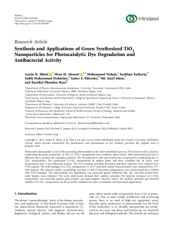 (PDF) Synthesis and Applications of Green Synthesized TiO2 Nanoparticles for Photocatalytic Dye ...