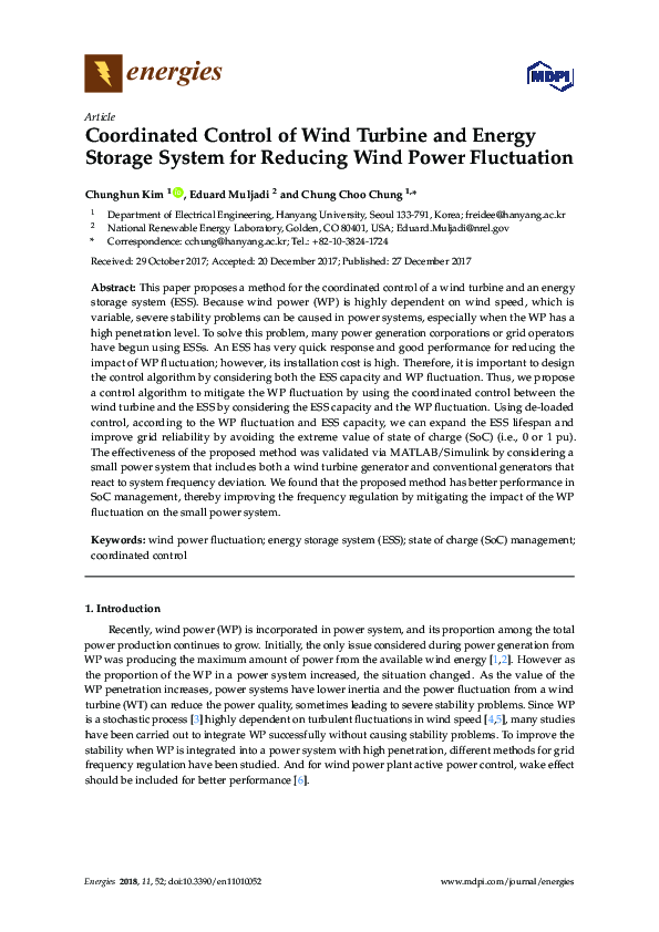 Pdf Coordinated Control Of Wind Turbine And Energy Storage System For