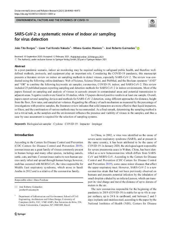 (PDF) SARS-CoV-2: a systematic review of indoor air sampling for virus ...