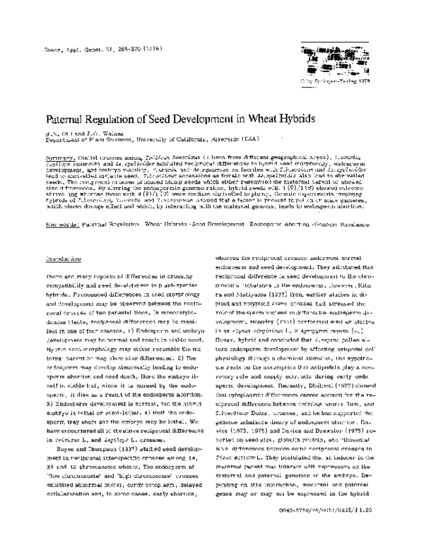 (PDF) Paternal regulation of seed development in wheat hybrids | John Giles Waines - Academia.edu