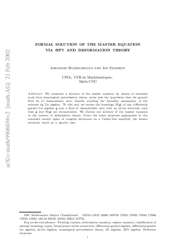 (PDF) Formal solution of the master equation via HPT and deformation theory