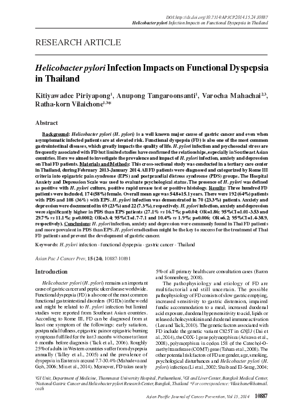(PDF) Helicobacter pylori Infection Impacts on Functional Dyspepsia in Thailand