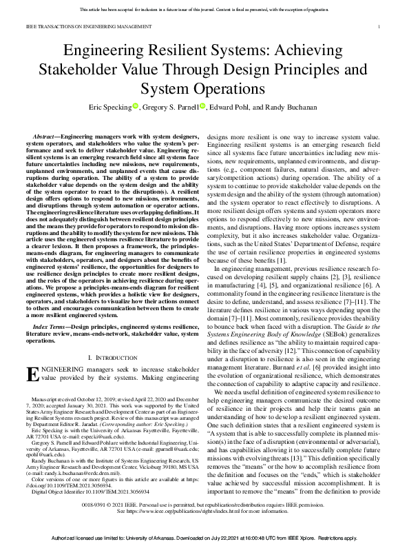 (PDF) Engineering Resilient Systems: Achieving Stakeholder Value Through Design Principles and ...