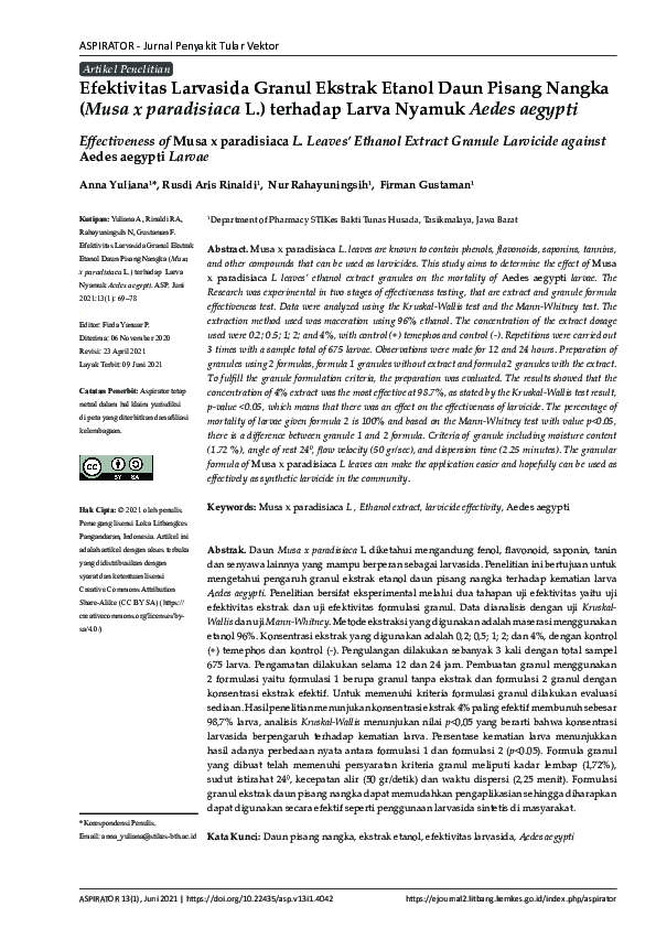 (PDF) Efektivitas Larvasida Granul Ekstrak Etanol Daun Pisang Nangka ...