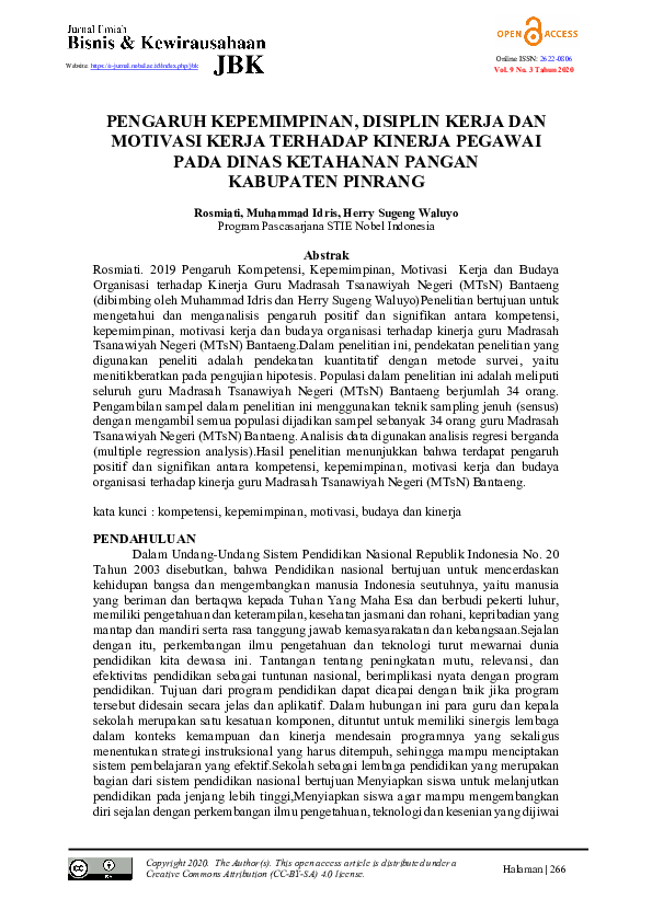 (PDF) Pengaruh Kepemimpinan, Disiplin Kerja Dan Motivasi Kerja Terhadap Kinerja Pegawai Pada ...