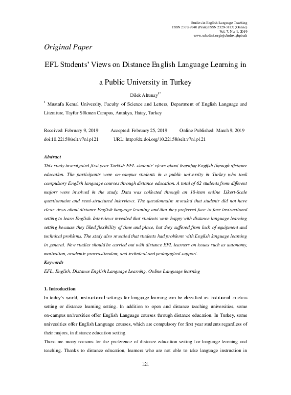 (PDF) EFL Students’ Views on Distance English Language Learning in a ...