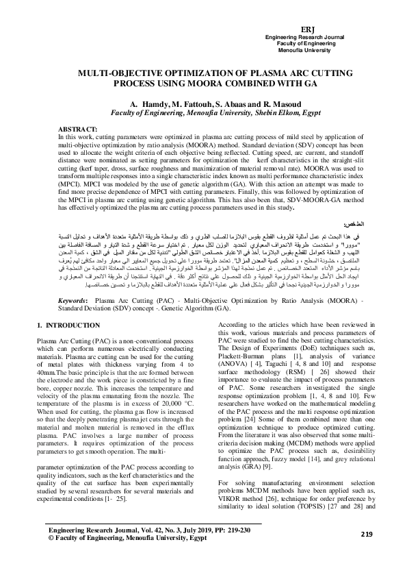 Pdf Multi Objective Optimization Of Plasma Arc Cutting Process Using Moora Combined With Ga