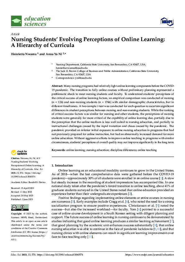 (PDF) Nursing Students’ Evolving Perceptions of Online Learning: A Hierarchy of Curricula