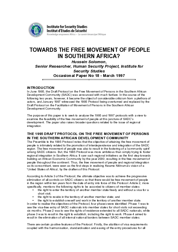 (PDF) The 1995 Draft Protocol on the Free Movement of Persons in the ...