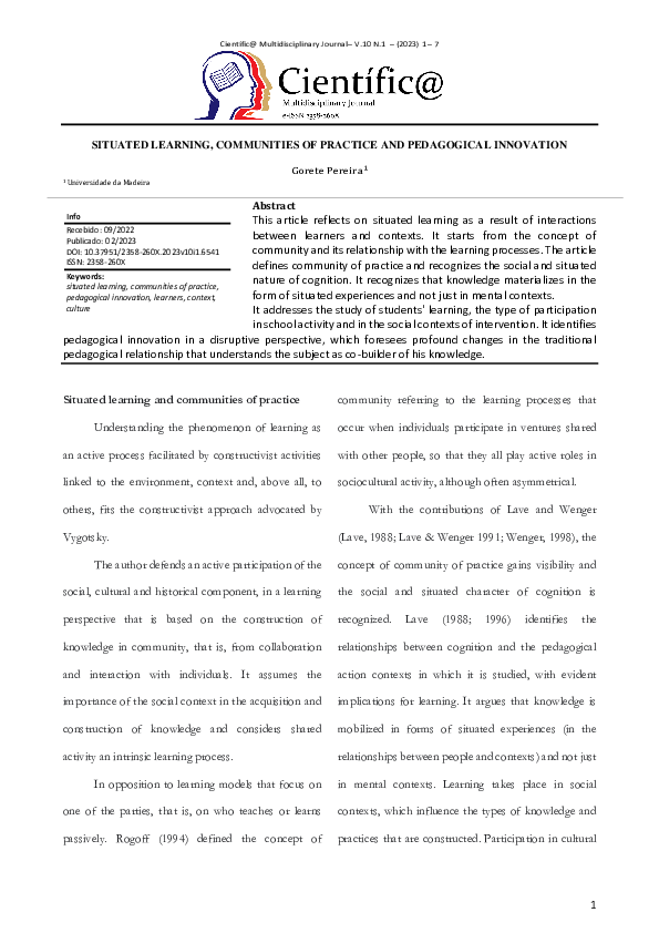 (PDF) Situated learning, communities of practice and pedagogical innovation