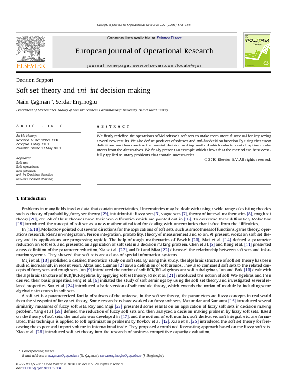 (PDF) Soft set theory and uni–int decision making