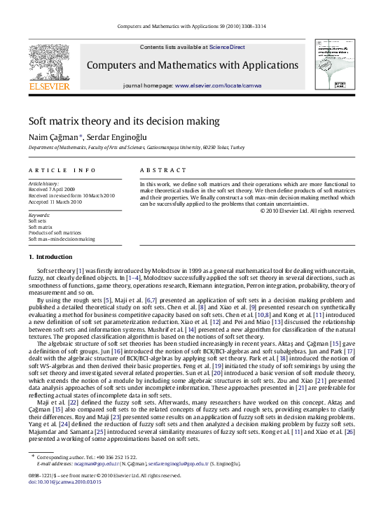 (PDF) Soft matrix theory and its decision making