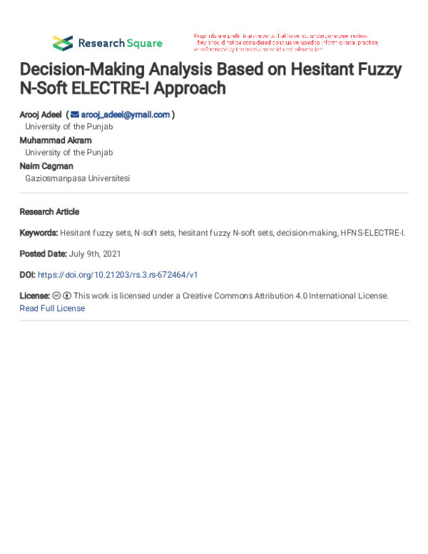 (PDF) Decision-Making Analysis Based on Hesitant Fuzzy N-Soft ELECTRE-I Approach