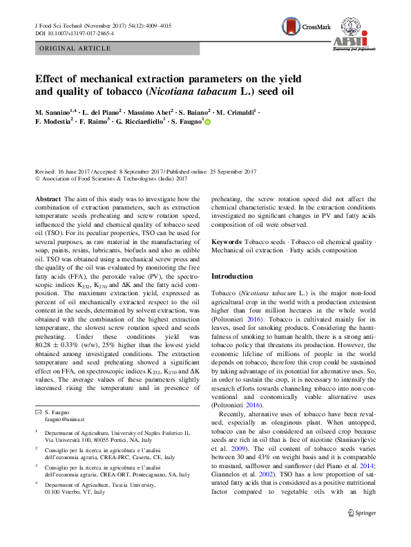 (PDF) Effect of mechanical extraction parameters on the yield and quality of tobacco (Nicotiana ...