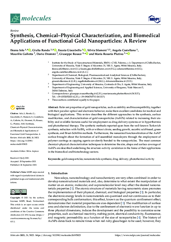 (PDF) Synthesis, Chemical–Physical Characterization, and Biomedical Applications of Functional ...