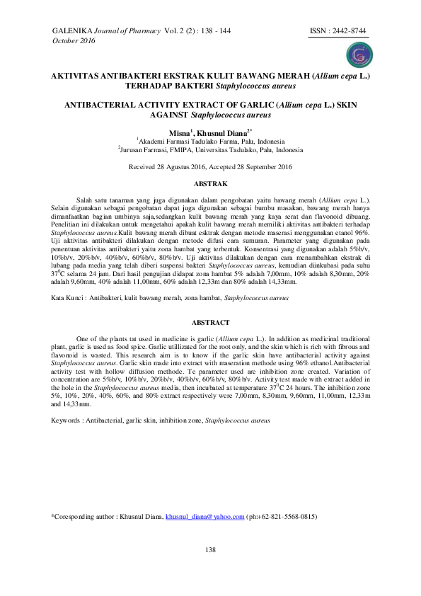 (PDF) AKTIVITAS ANTIBAKTERI EKSTRAK KULIT BAWANG MERAH (Allium cepa L.) TERHADAP BAKTERI ...