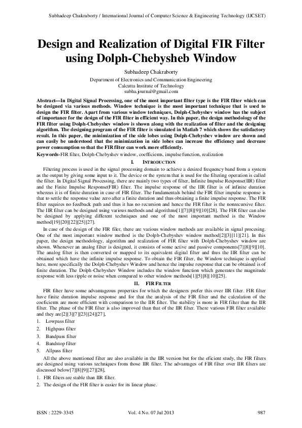 (PDF) Design and Realization of Digital FIR Filter using Dolph-Chebysheb Window