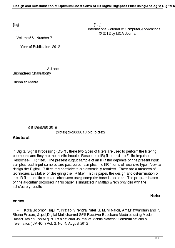 Pdf Design And Determination Of Optimum Coefficients Of Iir Digital Highpass Filter Using