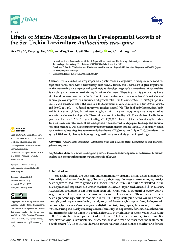 (PDF) Effects of Marine Microalgae on the Developmental Growth of the Sea Urchin Larviculture ...