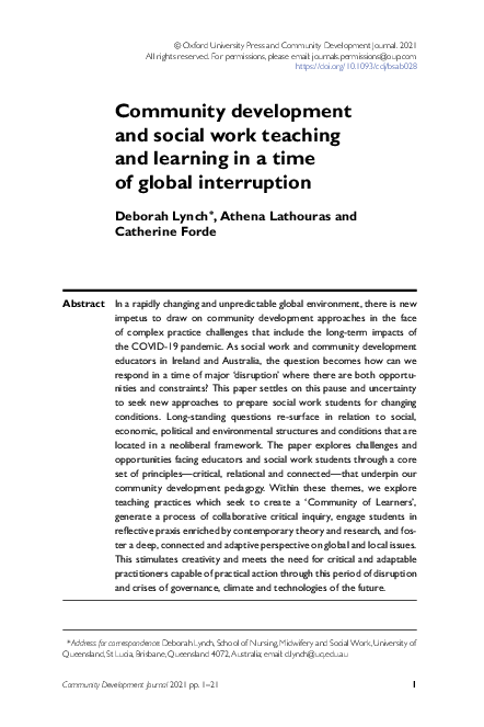(PDF) Community development and social work teaching and learning in a time of global interruption