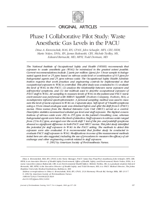 (PDF) Phase I collaborative pilot study: Waste anesthetic gas levels in ...