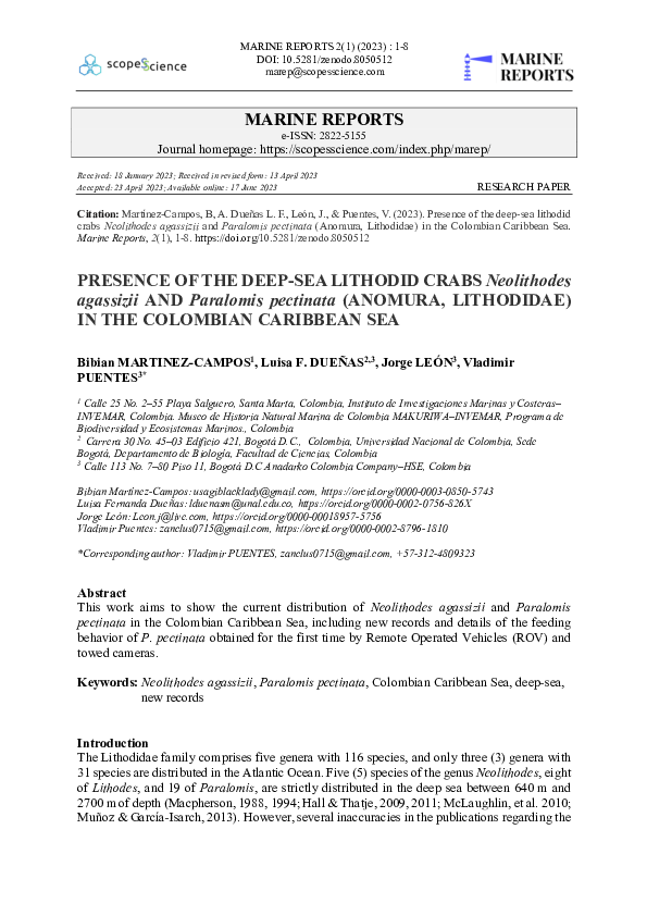 (PDF) PRESENCE OF THE DEEP-SEA LITHODID CRABS Neolithodes agassizii AND ...