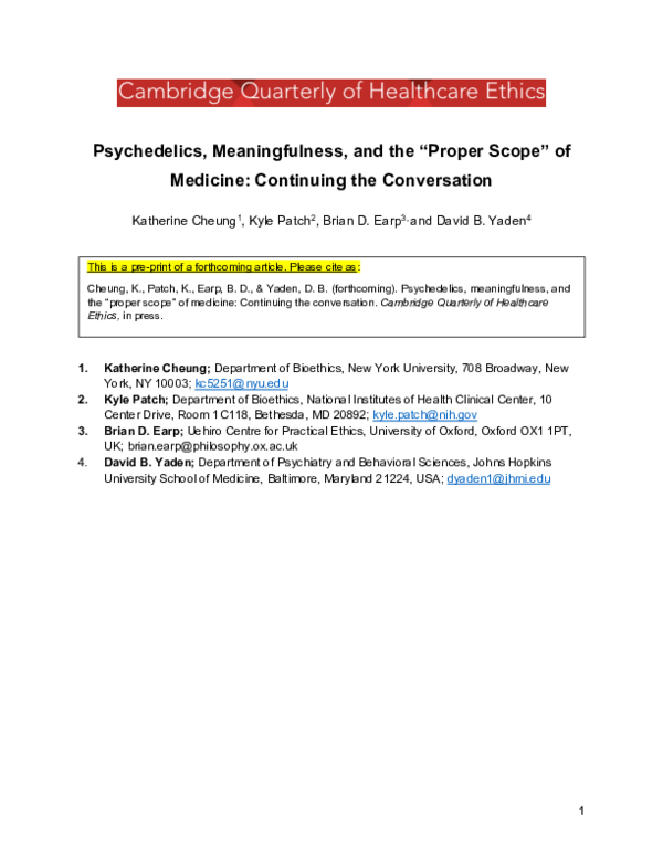 (PDF) Psychedelics, meaningfulness, and the "proper scope" of medicine: Continuing the conversation