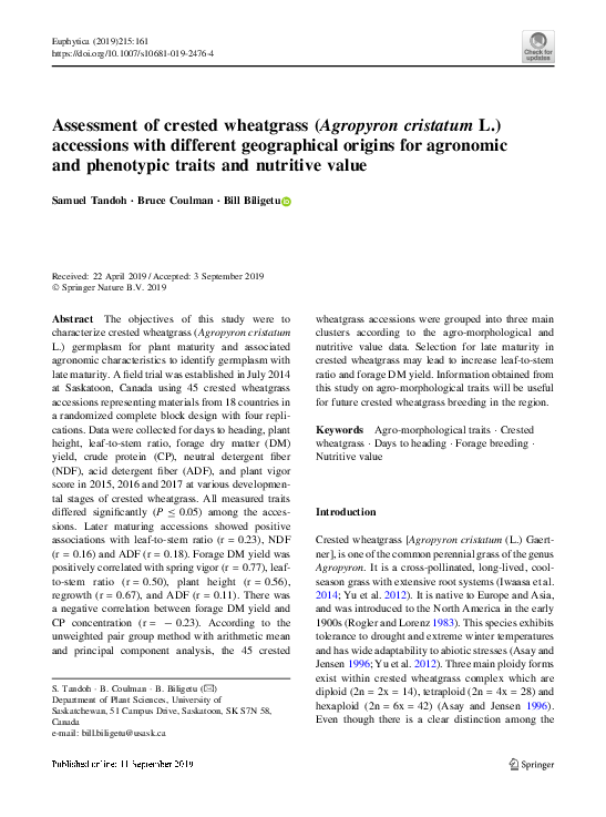 (PDF) Assessment of crested wheatgrass (Agropyron cristatum L ...