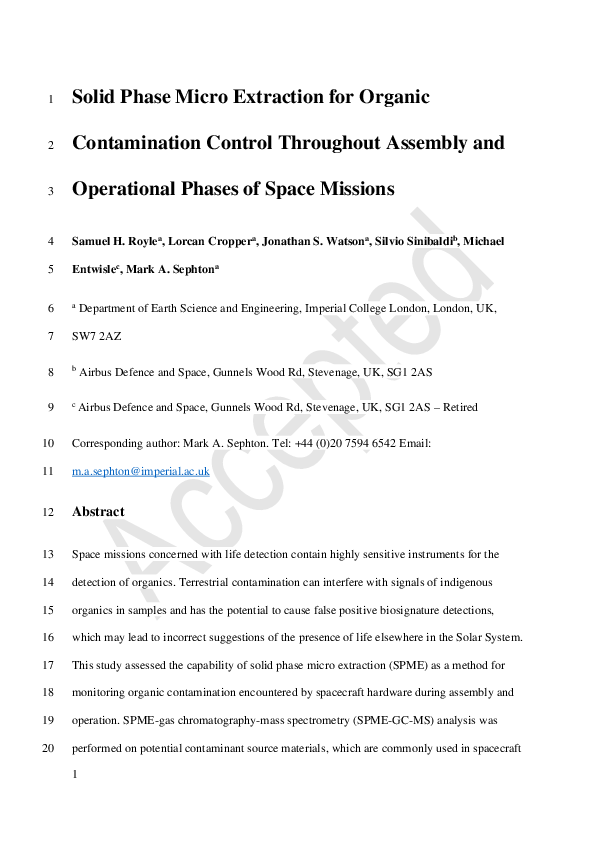 (PDF) Solid-Phase Microextraction for Organic Contamination Control Throughout Assembly and ...