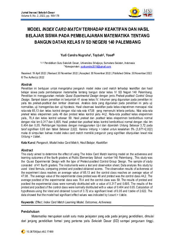 (PDF) Model Index Card Match Terhadap Keaktifan Dan Hasil Belajar Siswa Pada Pembelajaran ...