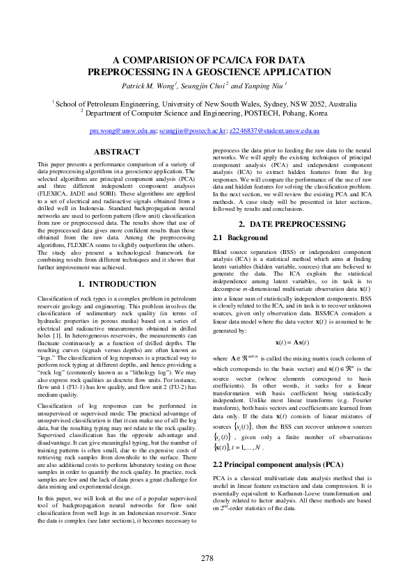(PDF) A Comparision of Pca/Ica for Data Preprocessing in a Geoscience Application