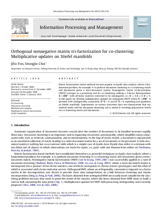 Pdf Orthogonal Nonnegative Matrix Tri Factorization For Co Clustering Multiplicative Updates