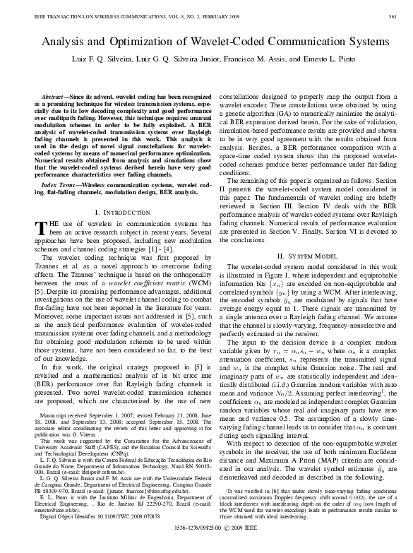 (PDF) Analysis and optimization of wavelet-coded communication systems