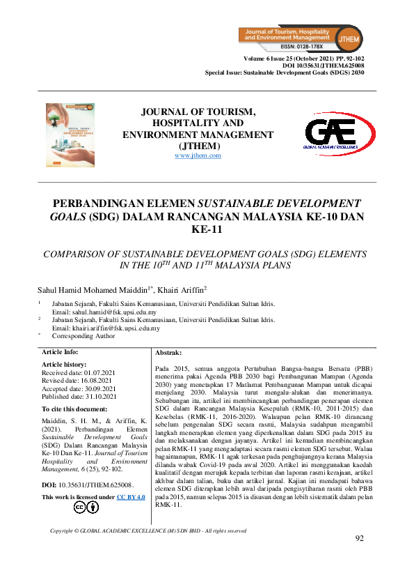 (PDF) Comparison of Sustainable Development Goals (SDG) Elements in the 10TH and 11TH Malaysia Plans