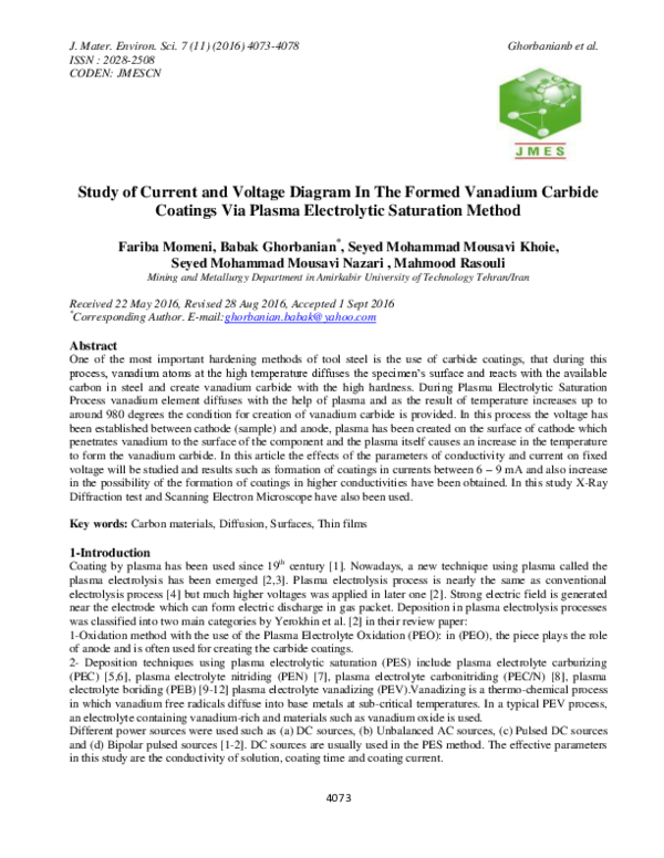 (PDF) Study of Current and Voltage Diagram In The Formed Vanadium Carbide Coatings Via Plasma ...