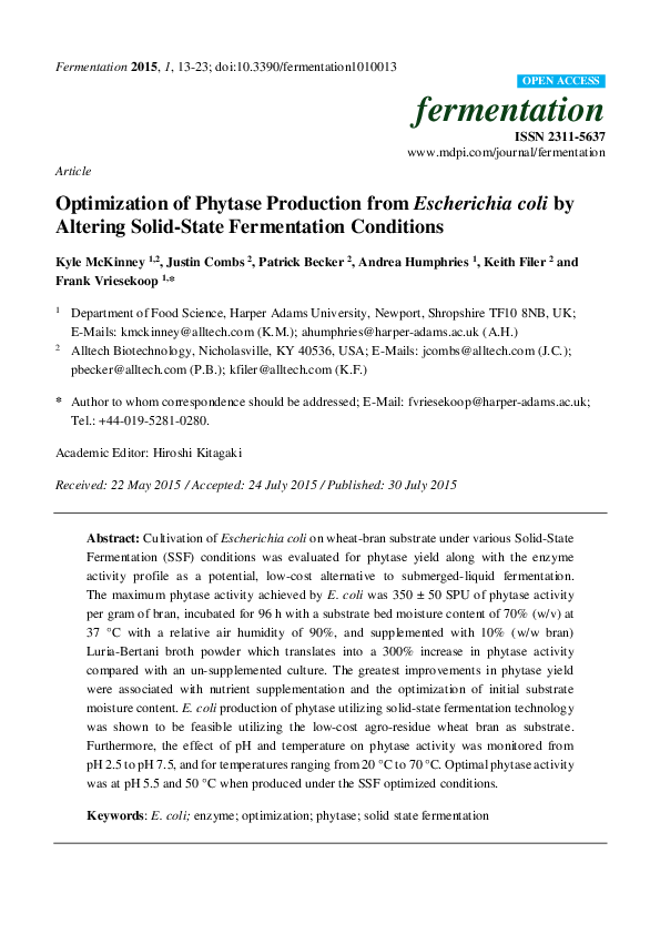 (PDF) Article Optimization of Phytase Production from Escherichia coli by Altering Solid-State ...