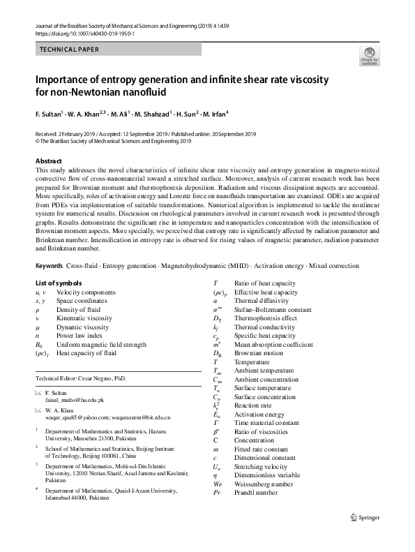 (PDF) Importance of entropy generation and infinite shear rate viscosity for non-Newtonian nanofluid