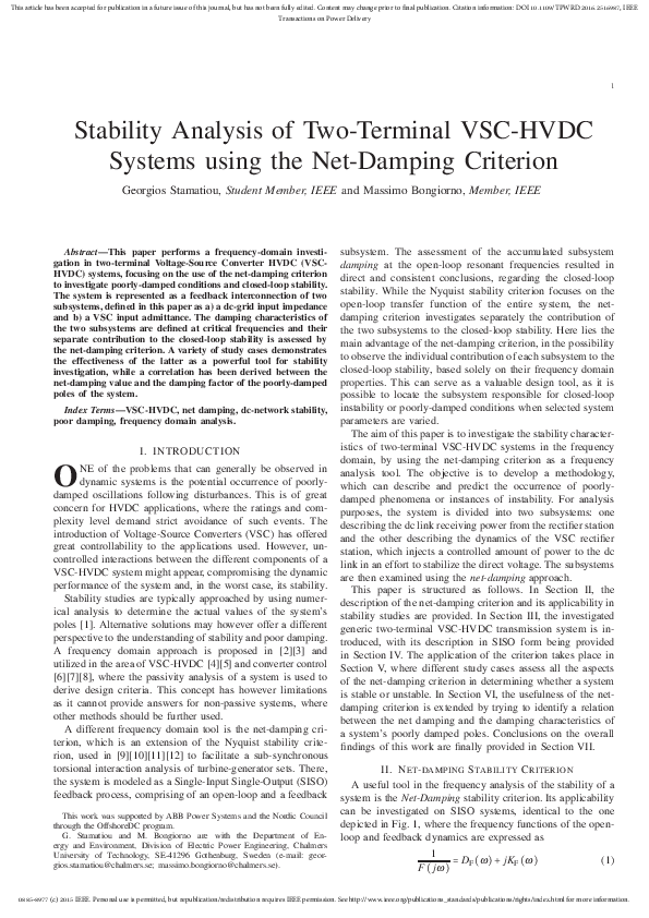 (PDF) Stability Analysis of Two-Terminal VSC-HVDC Systems Using the Net-Damping Criterion