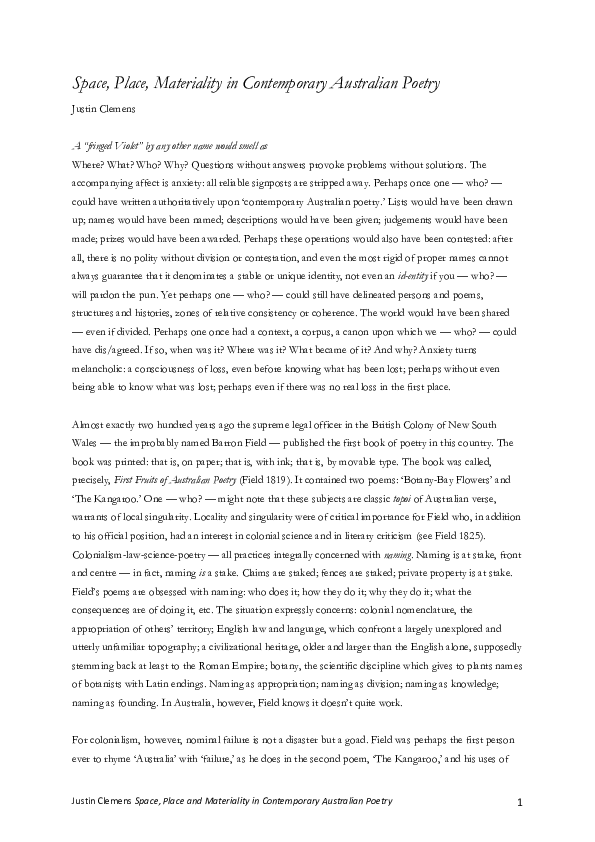 (PDF) Space, Place, Materiality in Contemporary Australian Poetry